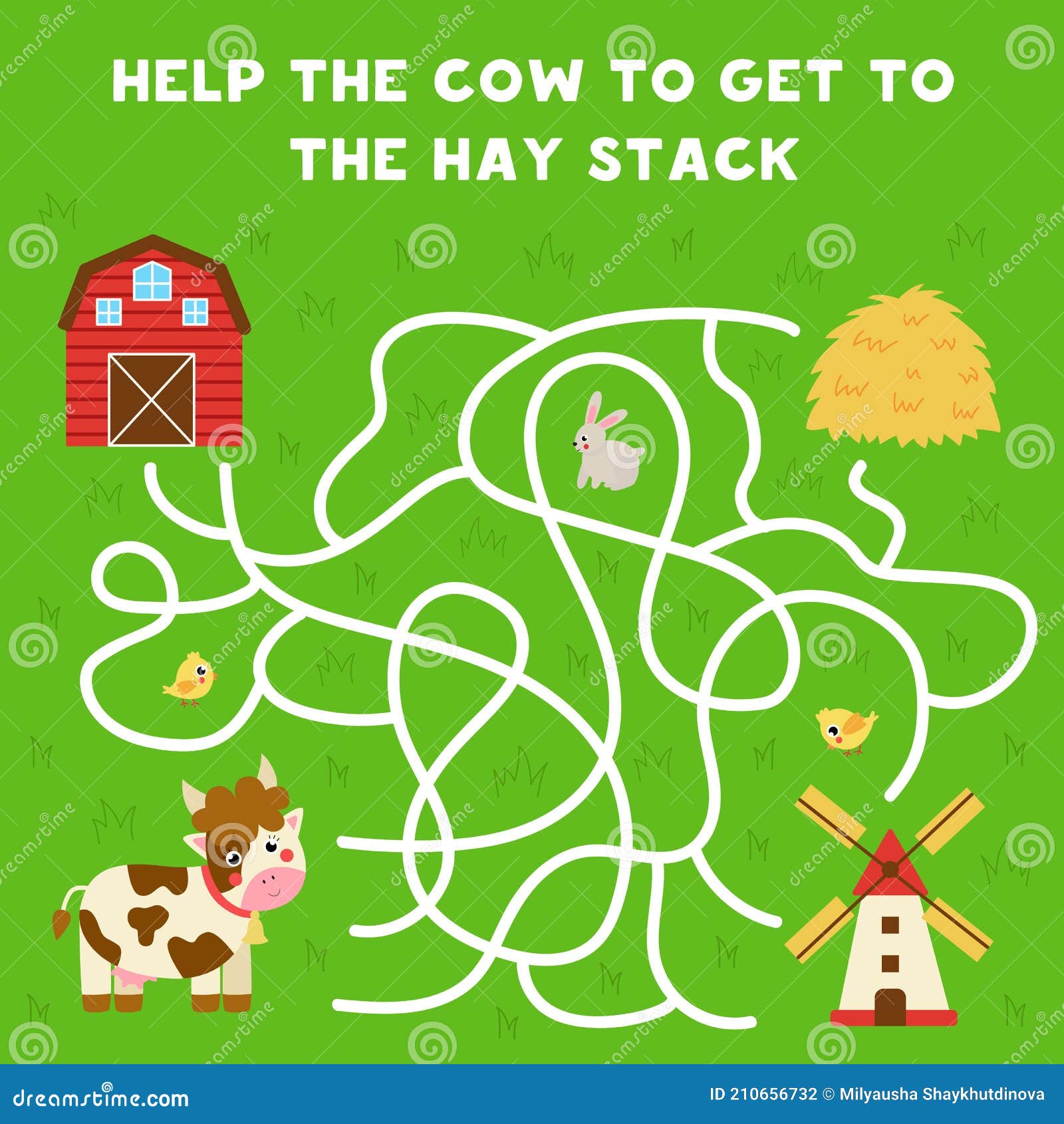Maze with Cartoon Cow and Hay Stack. Logical Game for Kids. Stock ...