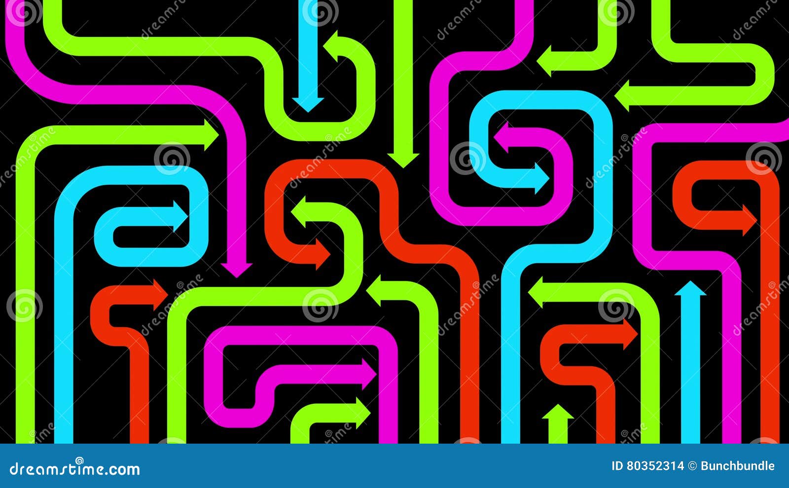 Maze Of Varicolored Arrows On Black Background, 2d Illustration Royalty ...