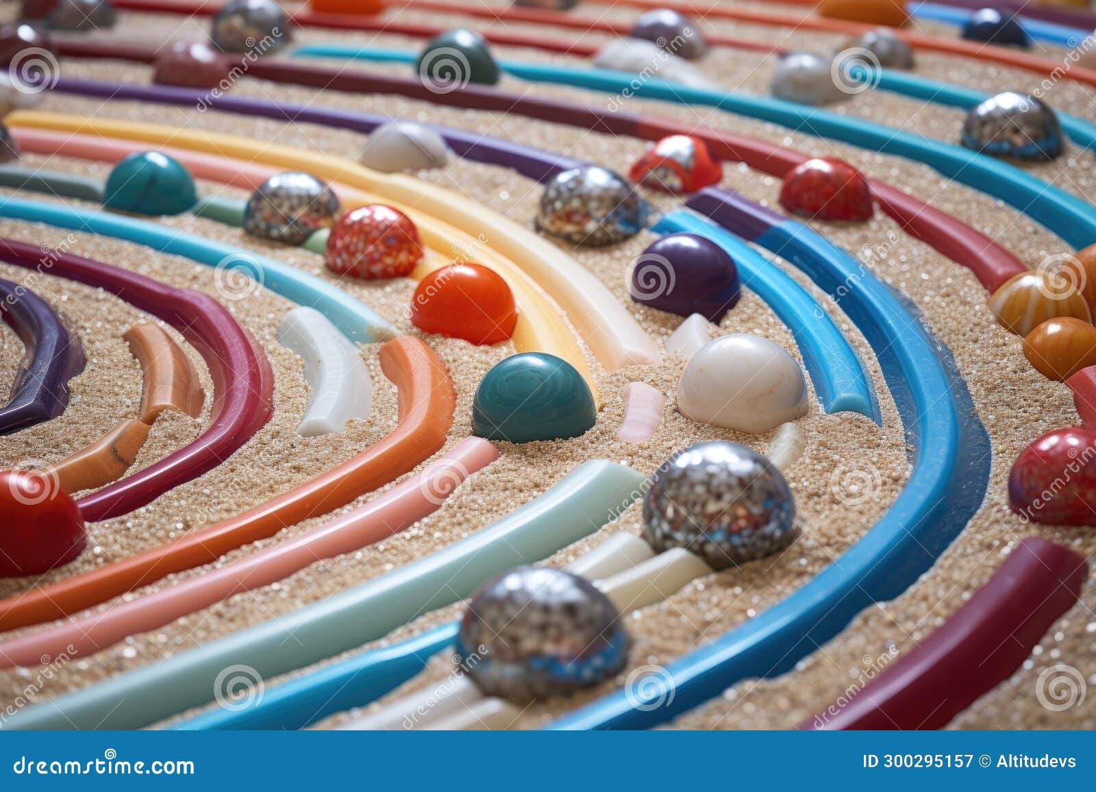 A Maze Created Using Marbles of Varying Colors on a Sand Backdrop Stock ...