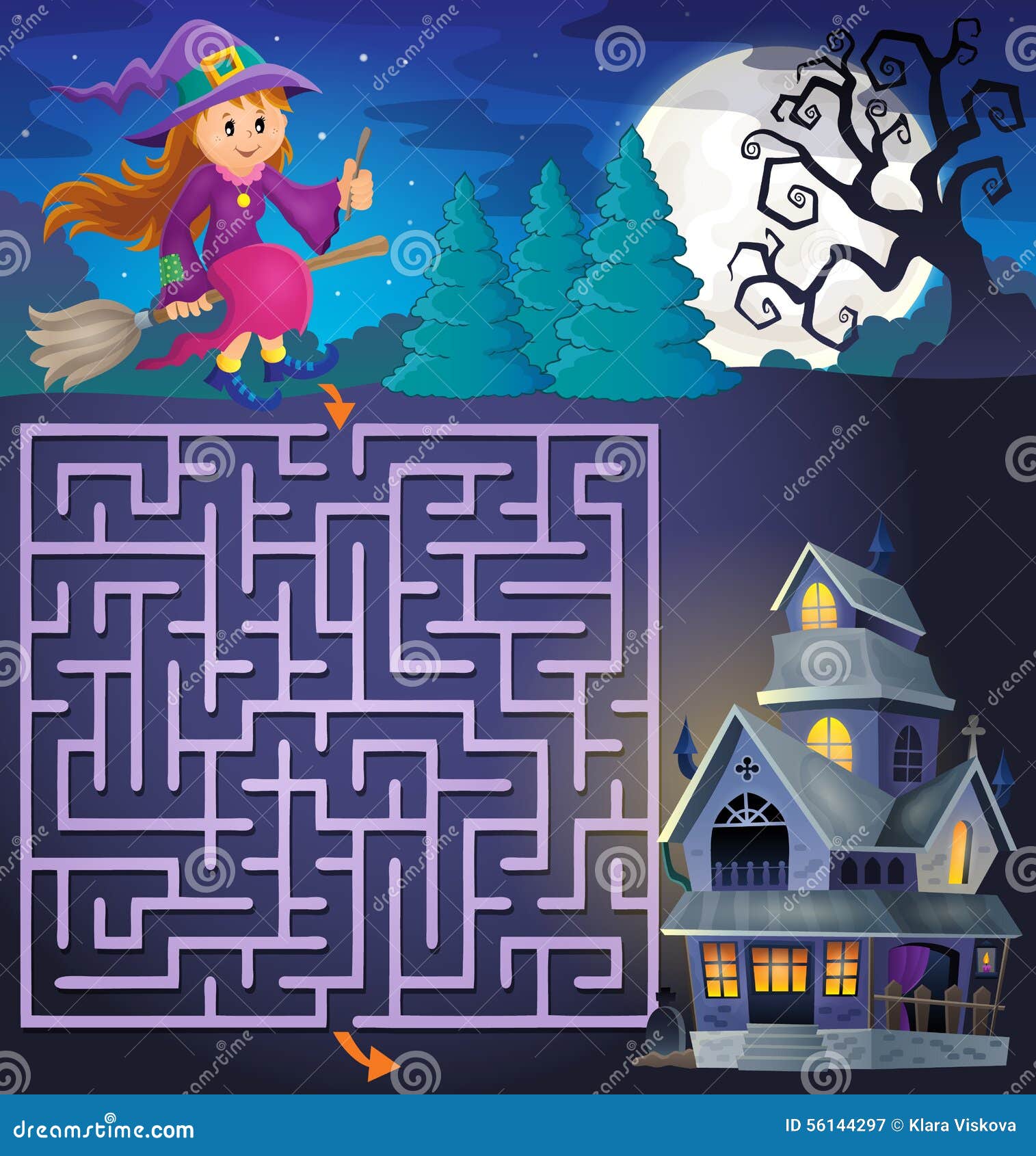 Maze 3 with Cute Witch and Haunted House Stock Vector - Illustration of ...