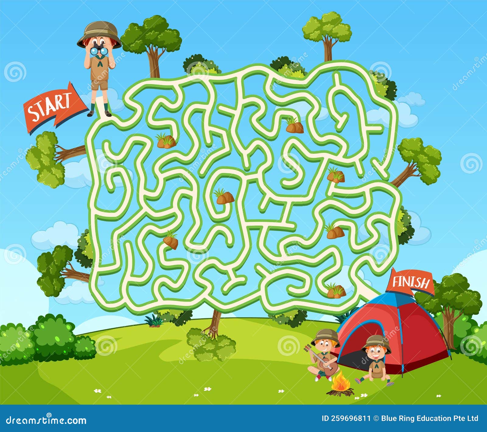 Maze Game Template in Camping Theme for Kids Stock Vector ...