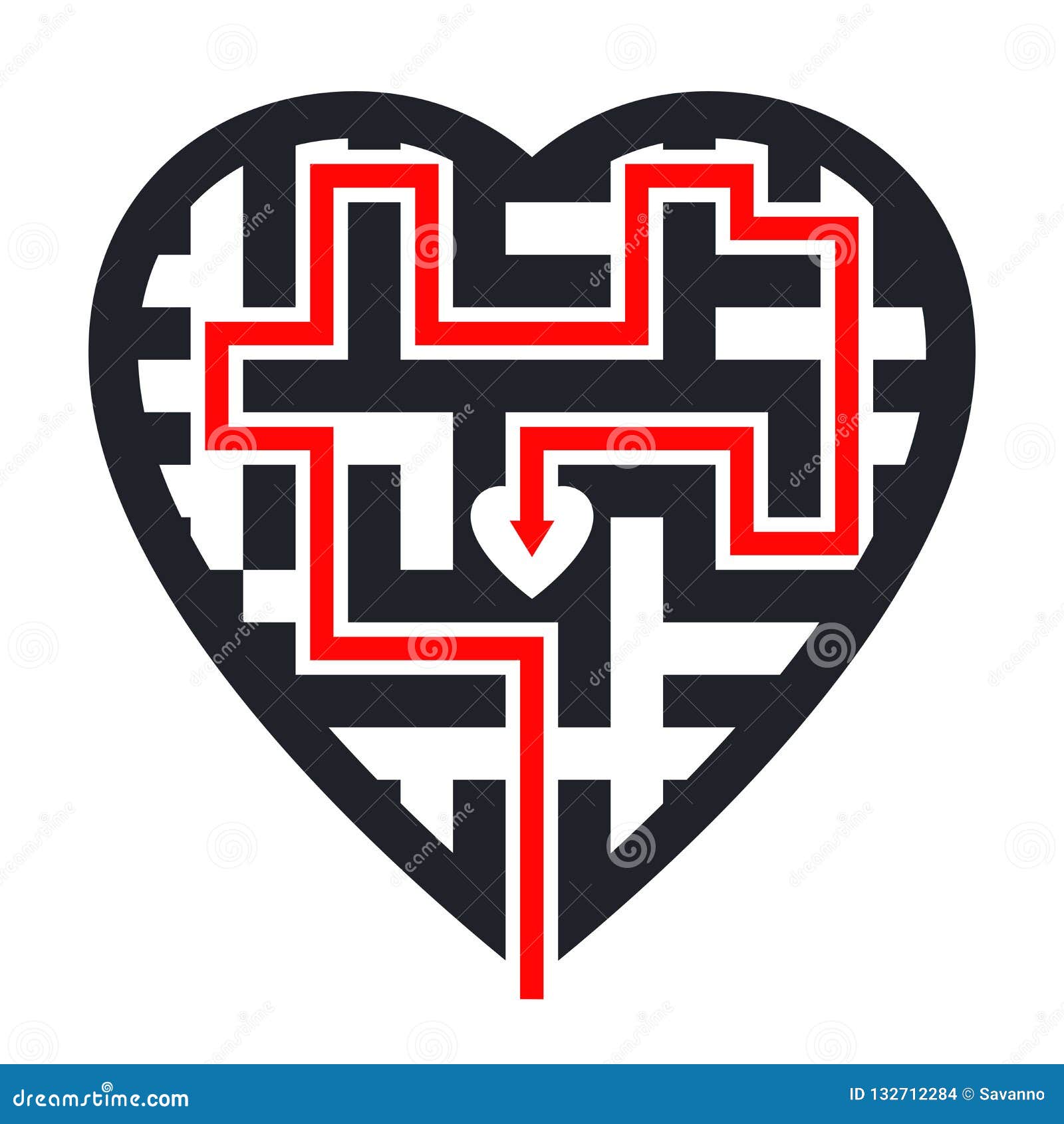 Maze in Heart Shape with Red Path Leading To Center. Puzzle Solved ... Maze in Heart Shape with Red Path Leading To Center. Puzzle Solved ...