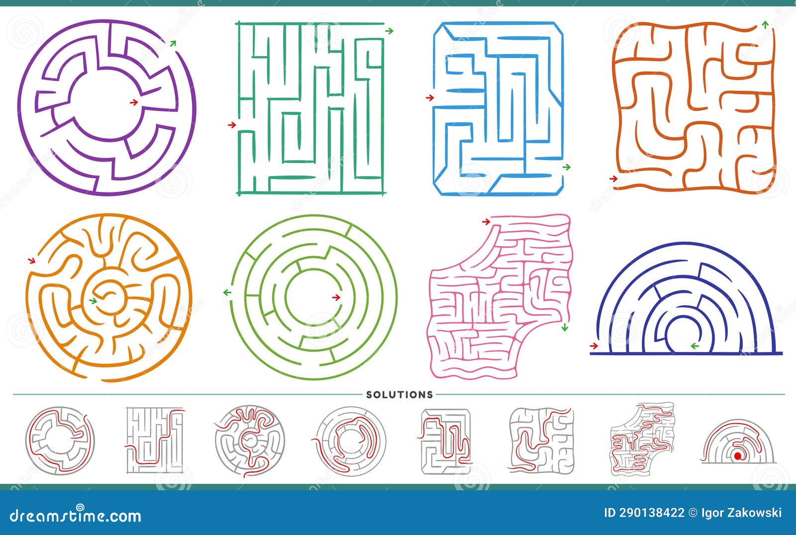 Maze Puzzle Activities Graphs Set with Solutions Stock Vector ...