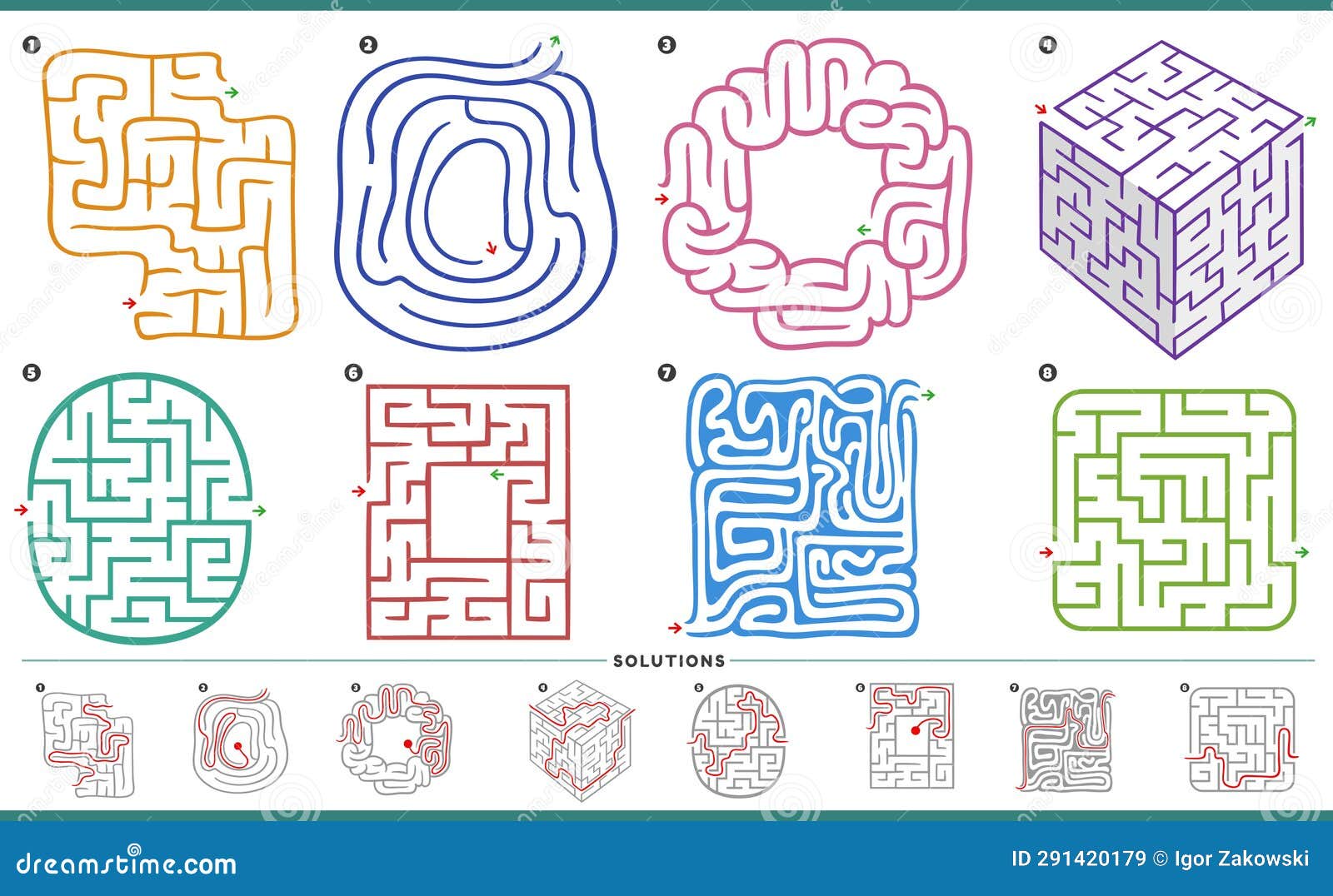 Maze Puzzle Activities Graphs Set with Solutions Stock Illustration ...