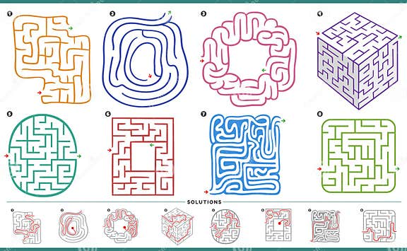 Maze Puzzle Activities Graphs Set with Solutions Stock Illustration ...
