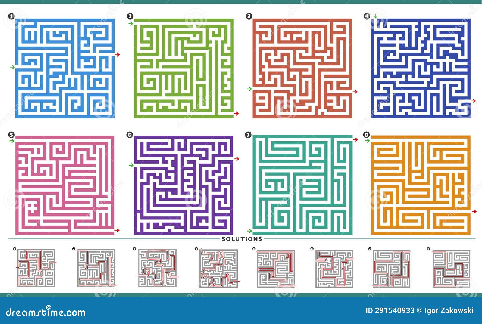 Maze Puzzle Activities Graphs Set with Solutions Stock Illustration ...
