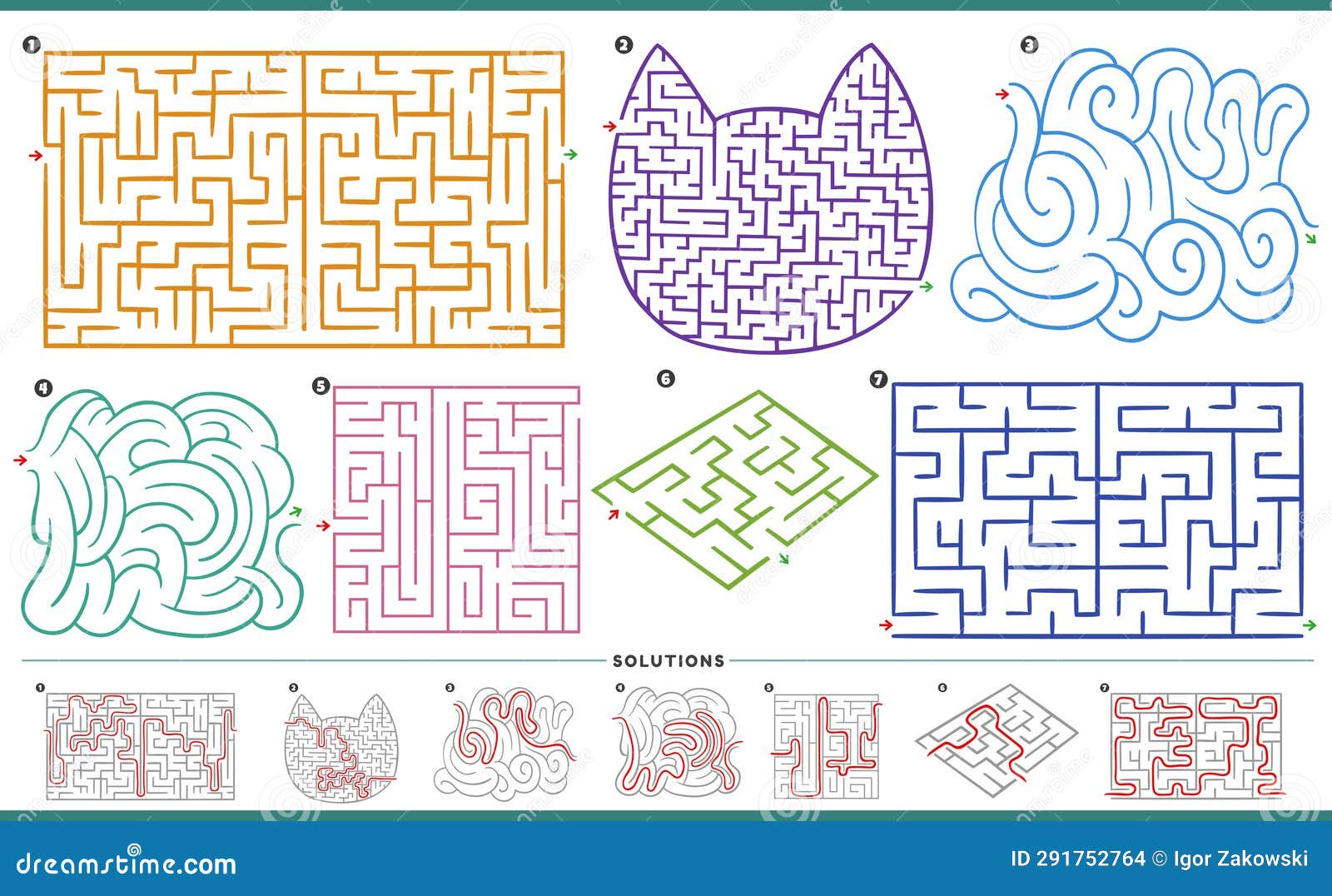 Maze Puzzle Activities Graphs Set with Solutions Stock Vector ...