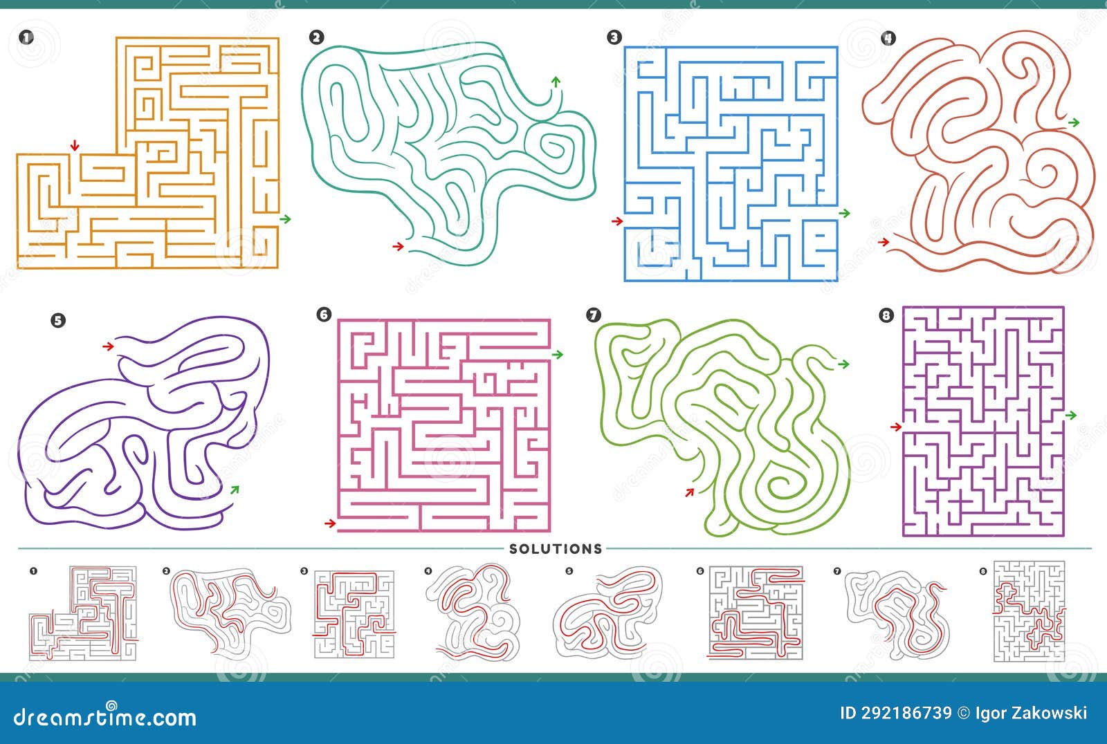 Maze Puzzle Activities Graphs Set with Solutions Stock Illustration ...