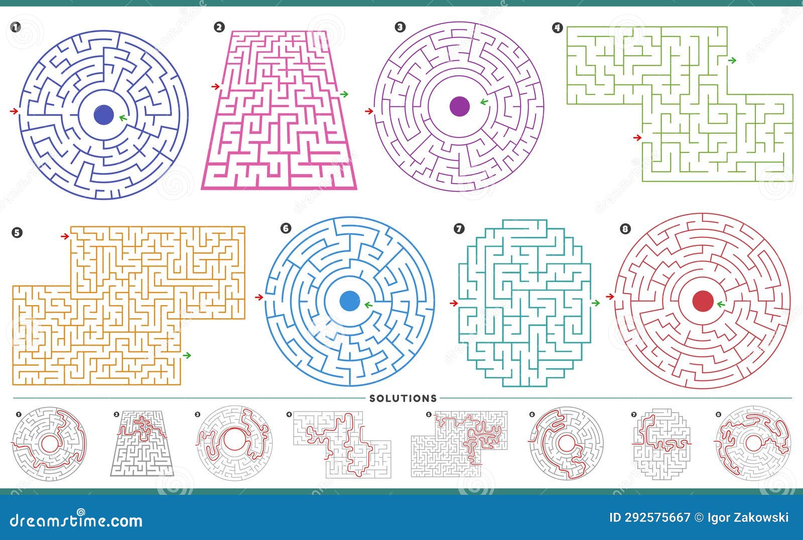 Maze Puzzle Activities Graphs Set with Solutions Stock Illustration ...