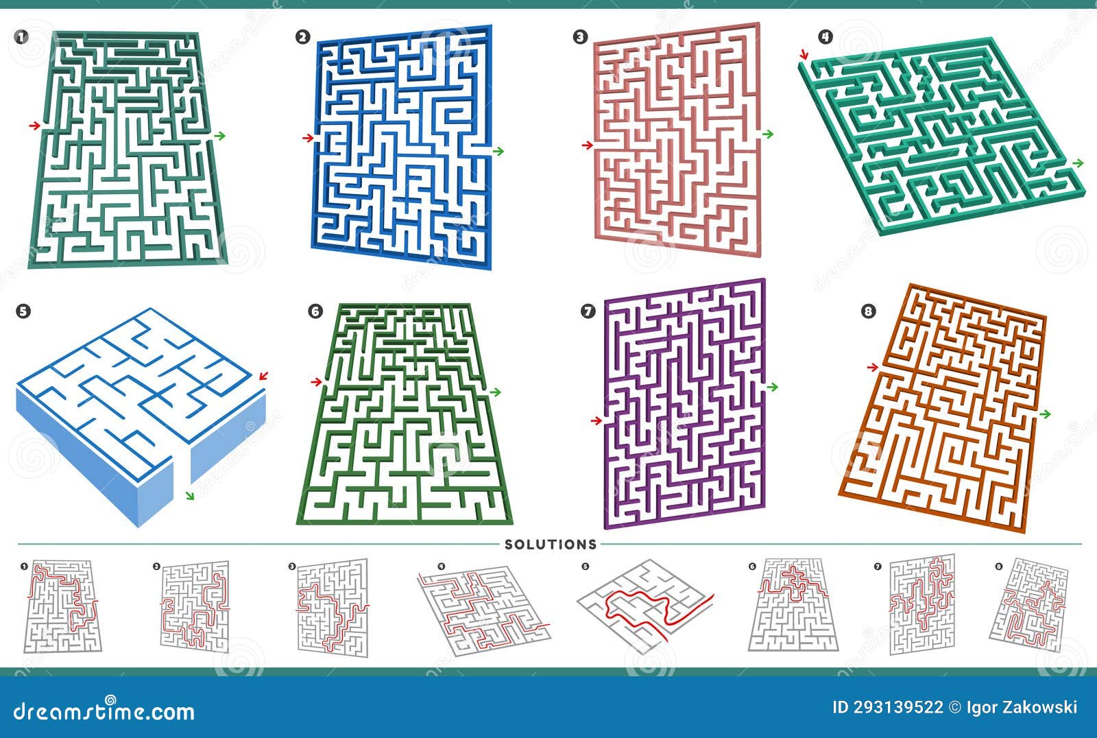 Maze Puzzle Activities Graphs Set with Solutions Stock Illustration ...