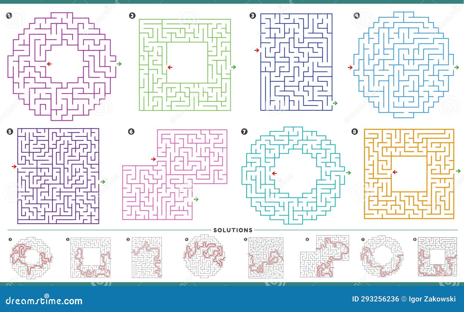Maze Puzzle Activities Graphs Set with Solutions Stock Illustration ...