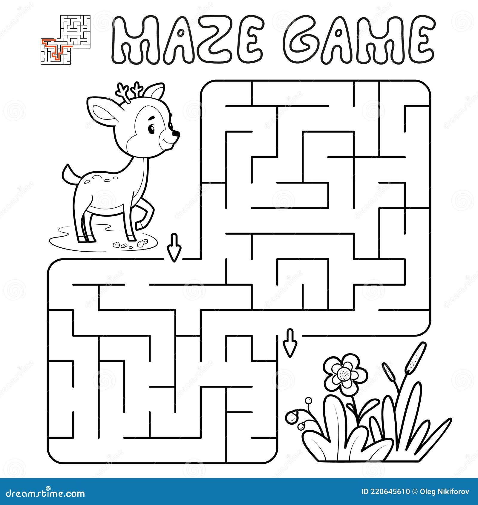 Maze Puzzle Game for Children. Outline Maze or Labyrinth Game with Deer ...