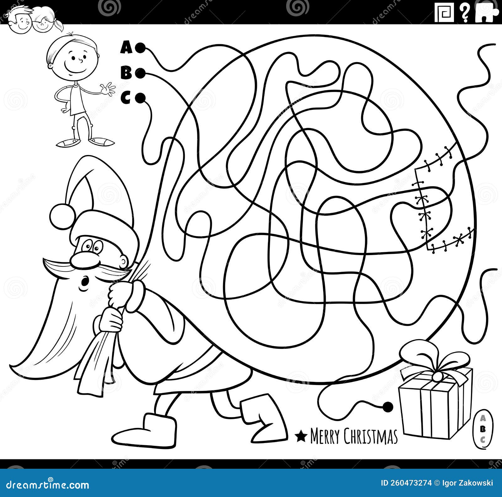 Maze with Santa Claus with Sak of Gifts and Boy Coloring Page Stock ... Maze with Santa Claus with Sak of Gifts and Boy Coloring Page Stock ...
