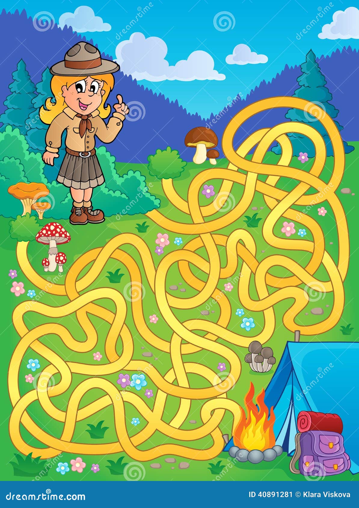 Scout Girl Standing Throwing Hands Over Her Head, Scouting Kid Character Wearing Uniform And ...