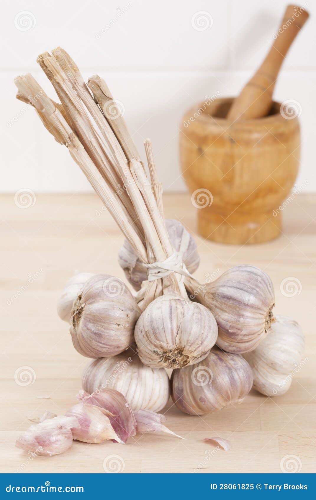 Mazzo Di Aglio Con Il Pestello Ed Il Mortaio. Immagine Stock - Immagine ...