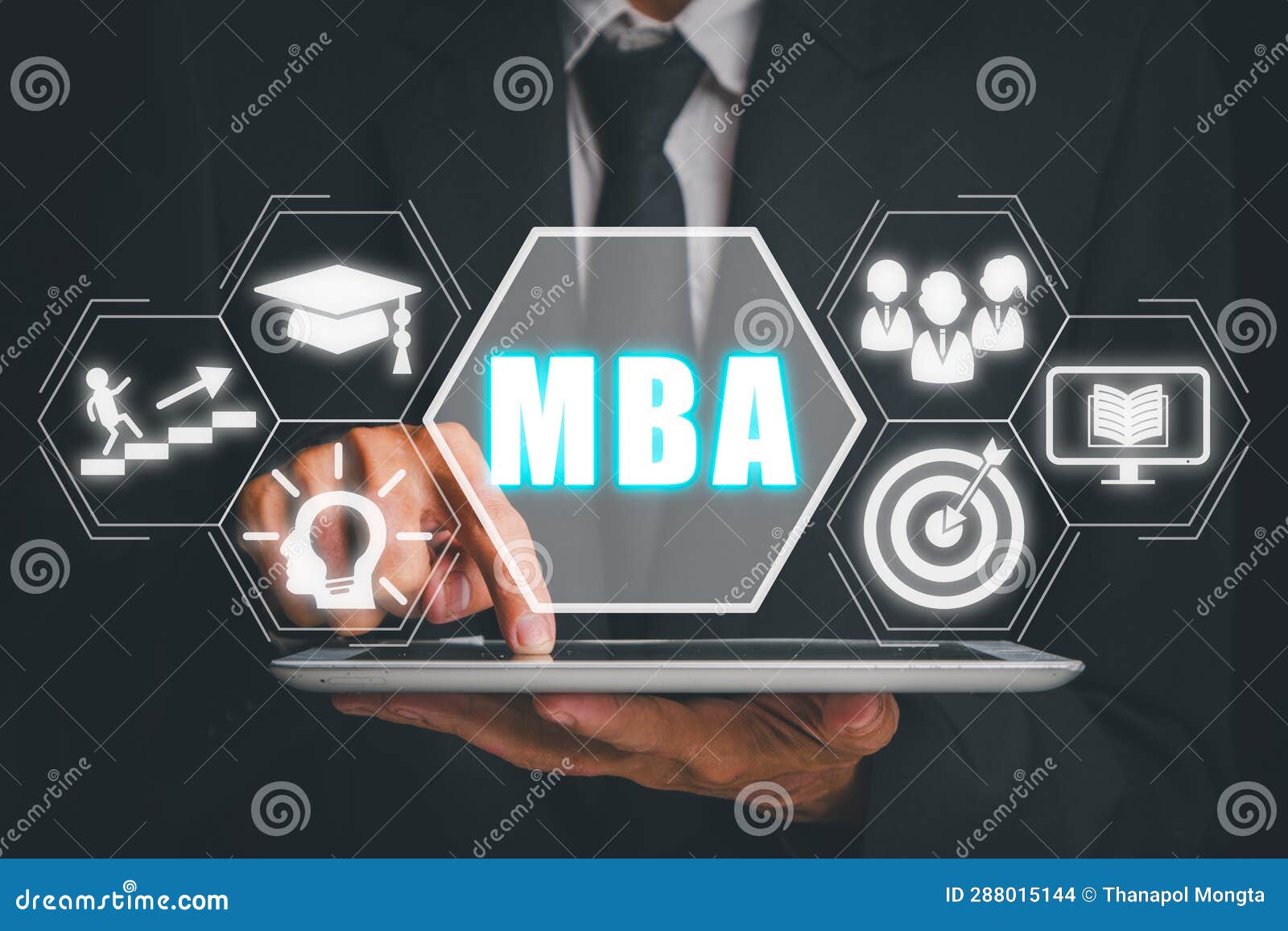 Business Person Working on Tablet with MBA Icon on Virtual Screen Stock ...