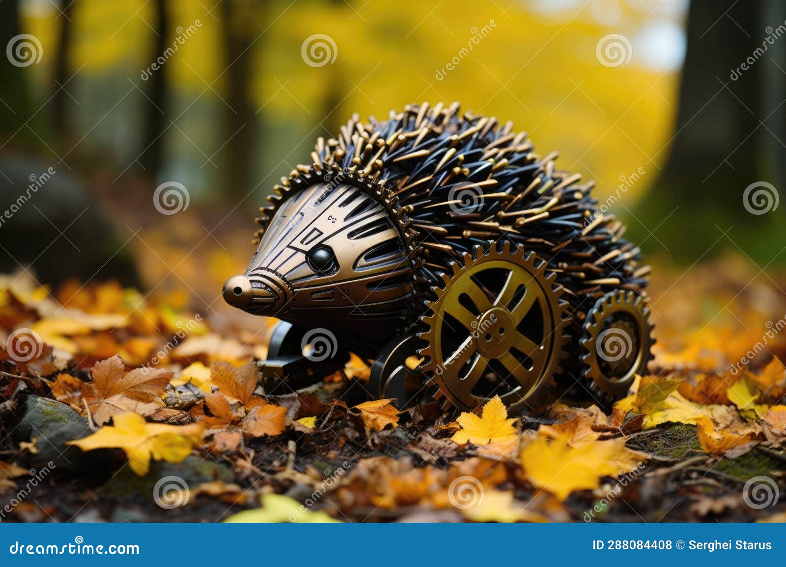 A Mchanic Hedgehog Toy in the Leaves, AI Stock Photo - Image of plant ...