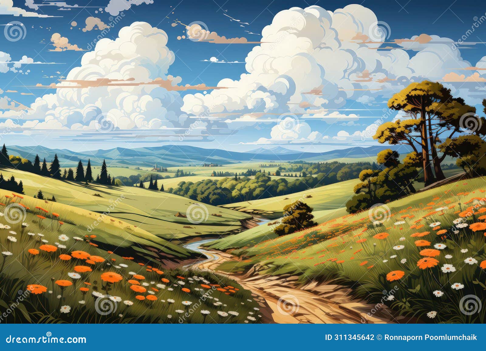 Meadow Filled with Wildflowers and Gently Rolling Hills, in an ...