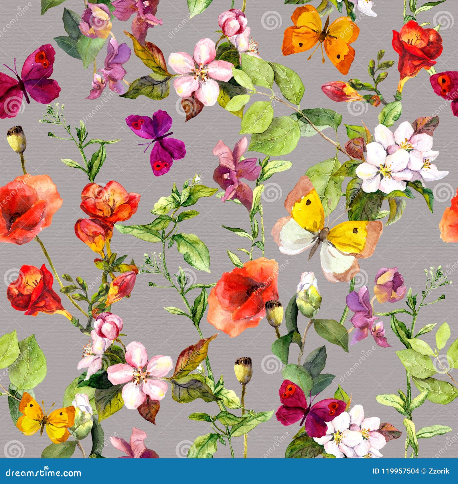Meadow Flowers and Butterflies Repeating Pattern. Watercolor Stock ...