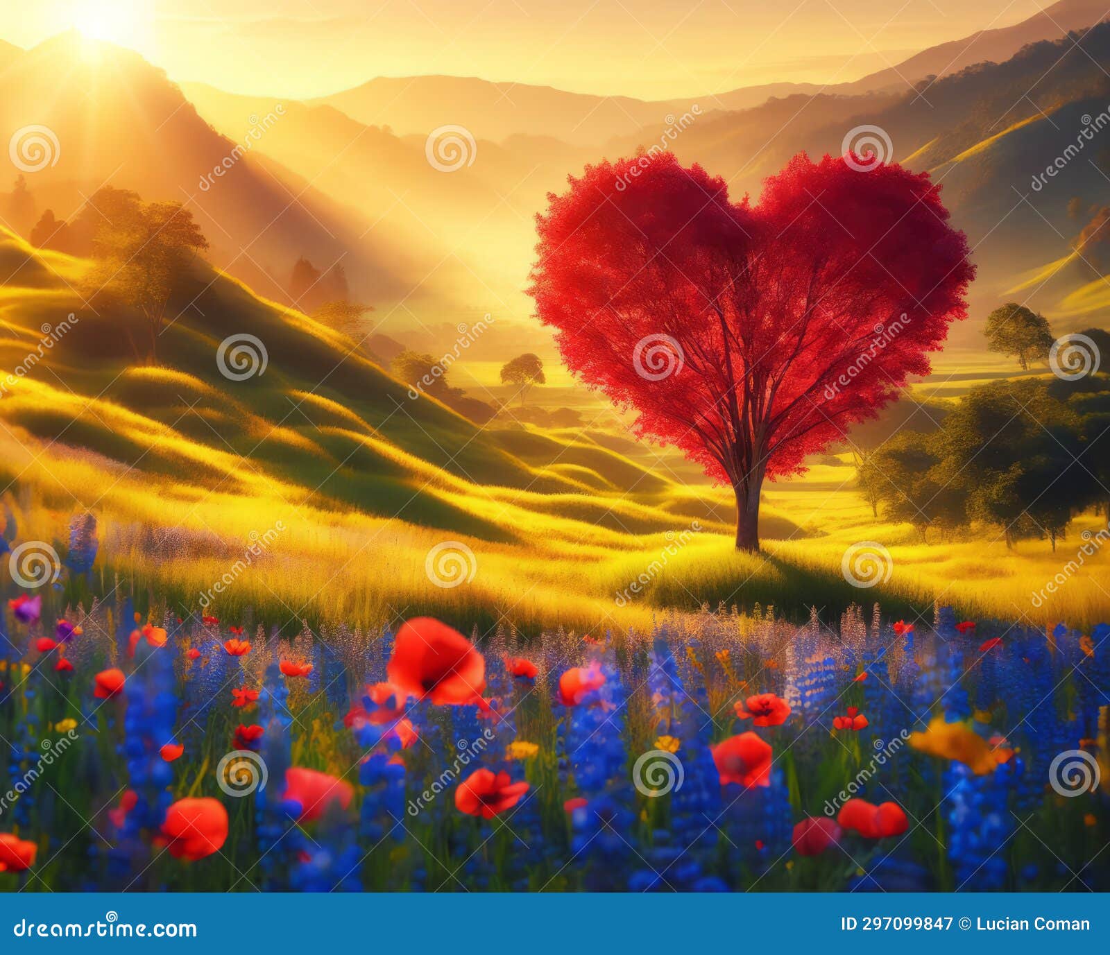 Meadow with Flowers at Sunset Tree in Heart Shape with Red Leaves Stock ...