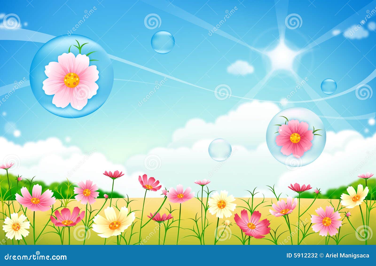 Meadow Garden Flowers and Bubbles Stock Illustration - Illustration of ...