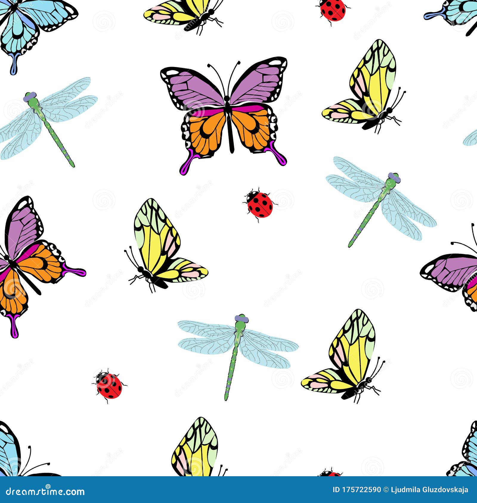 Meadow Insects Butterflies, Dragonfly and Beetles, Spring Seamless ...