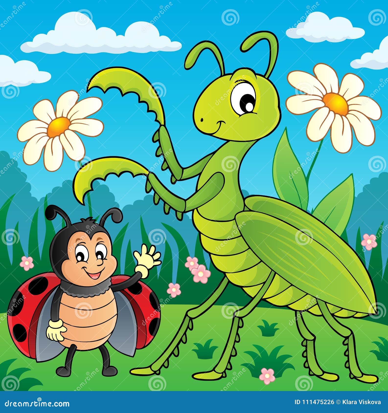 Meadow with Praying Mantis and Ladybug Stock Vector - Illustration of ...