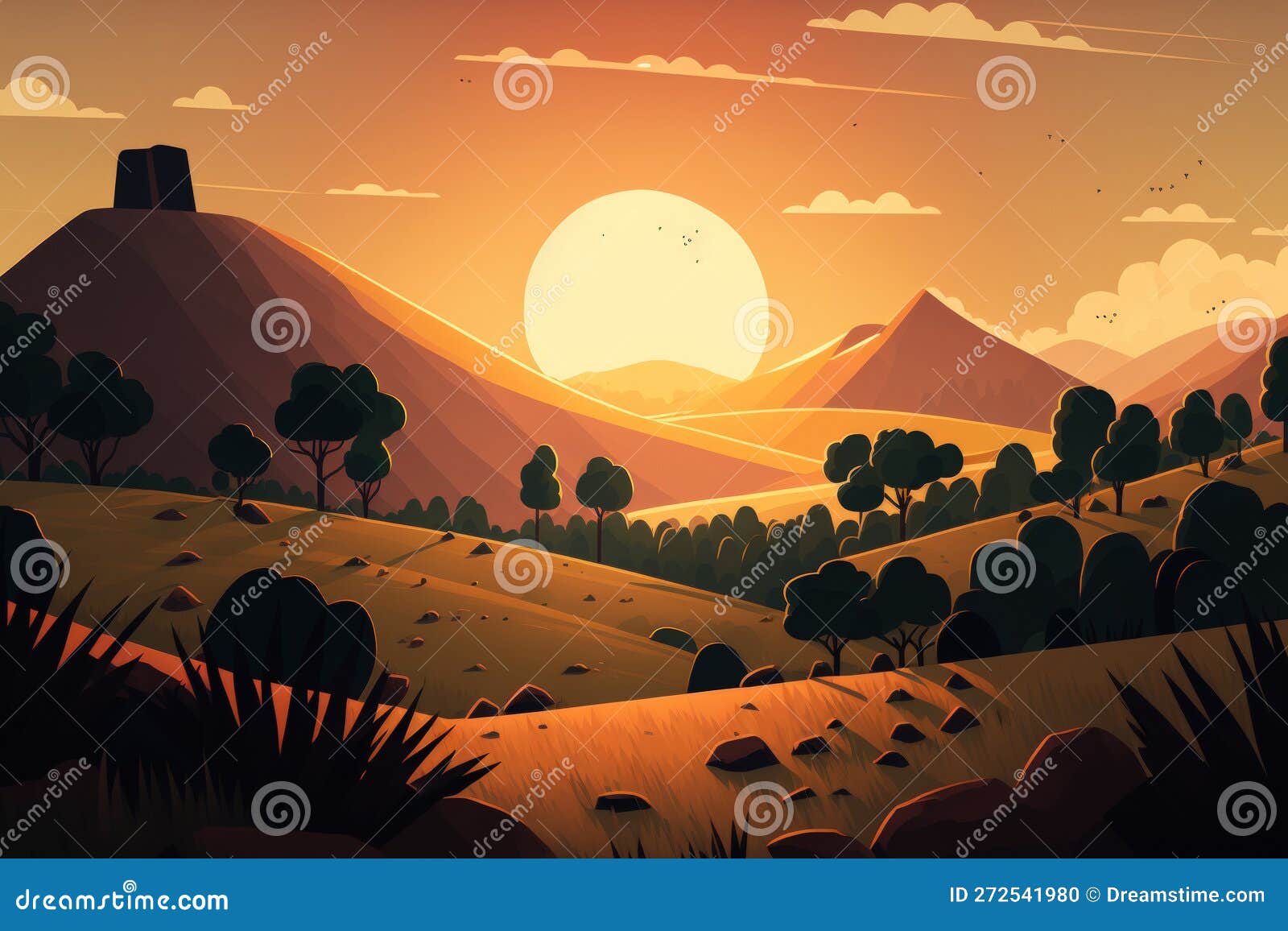 Golden Dawn Hilly Landscape Stock Illustrations – 2 Golden Dawn Hilly ...