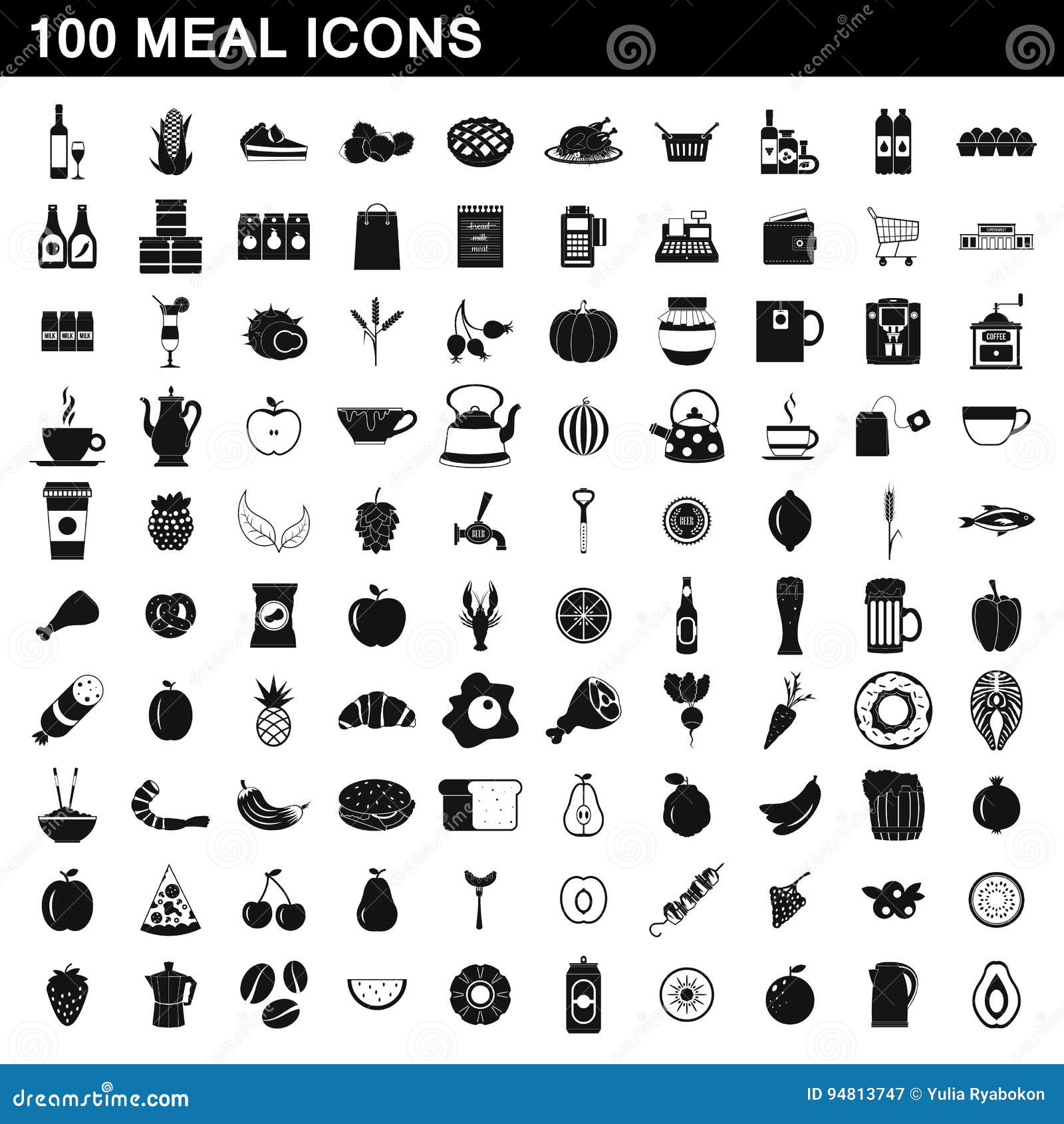 100 Meal Icons Set, Simple Style Stock Vector - Illustration of cooking ...
