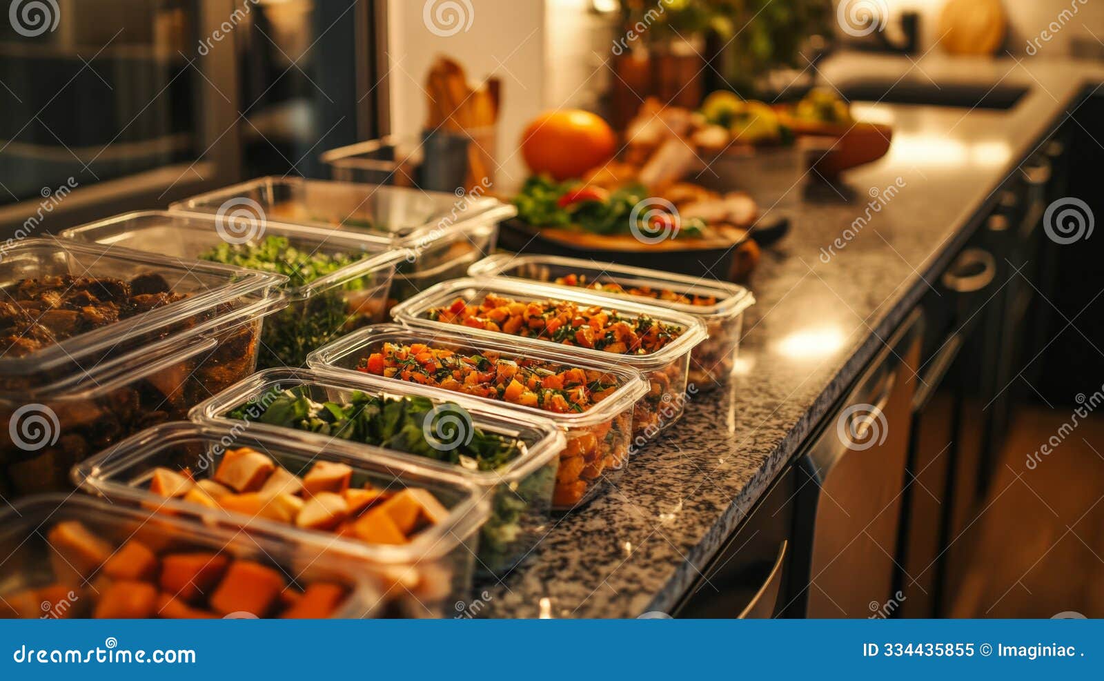 Meal Prep Containers with Various Food Items on a Kitchen Counter Stock ...