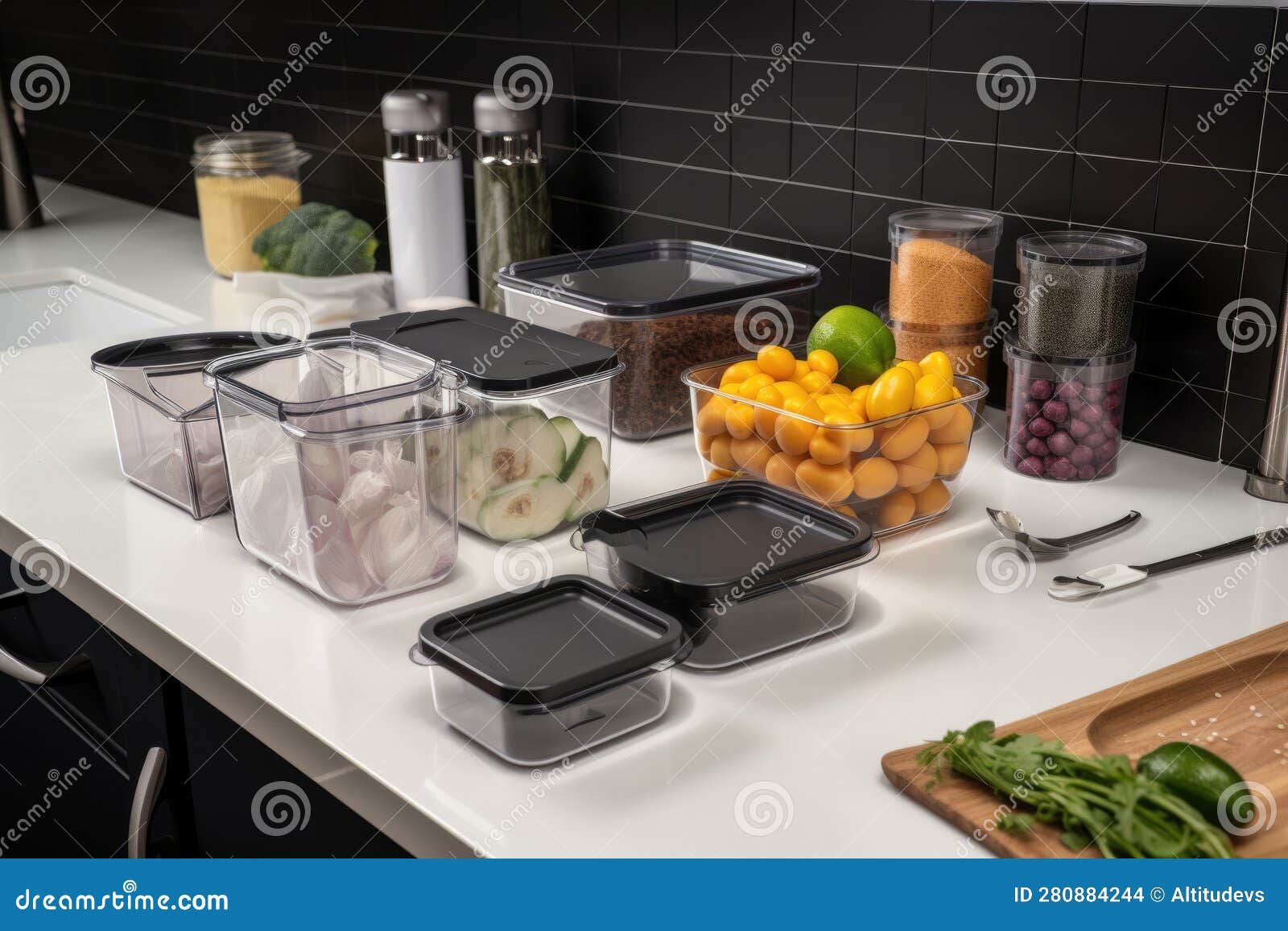 Meal Prep Station with Ingredients, Cooking Tools, and Storage Containers Stock Illustration ...