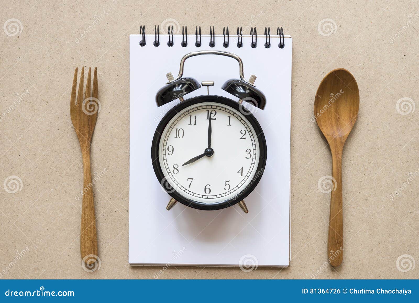 Meal time with alarm clock stock photo. Image of wooden - 81364726