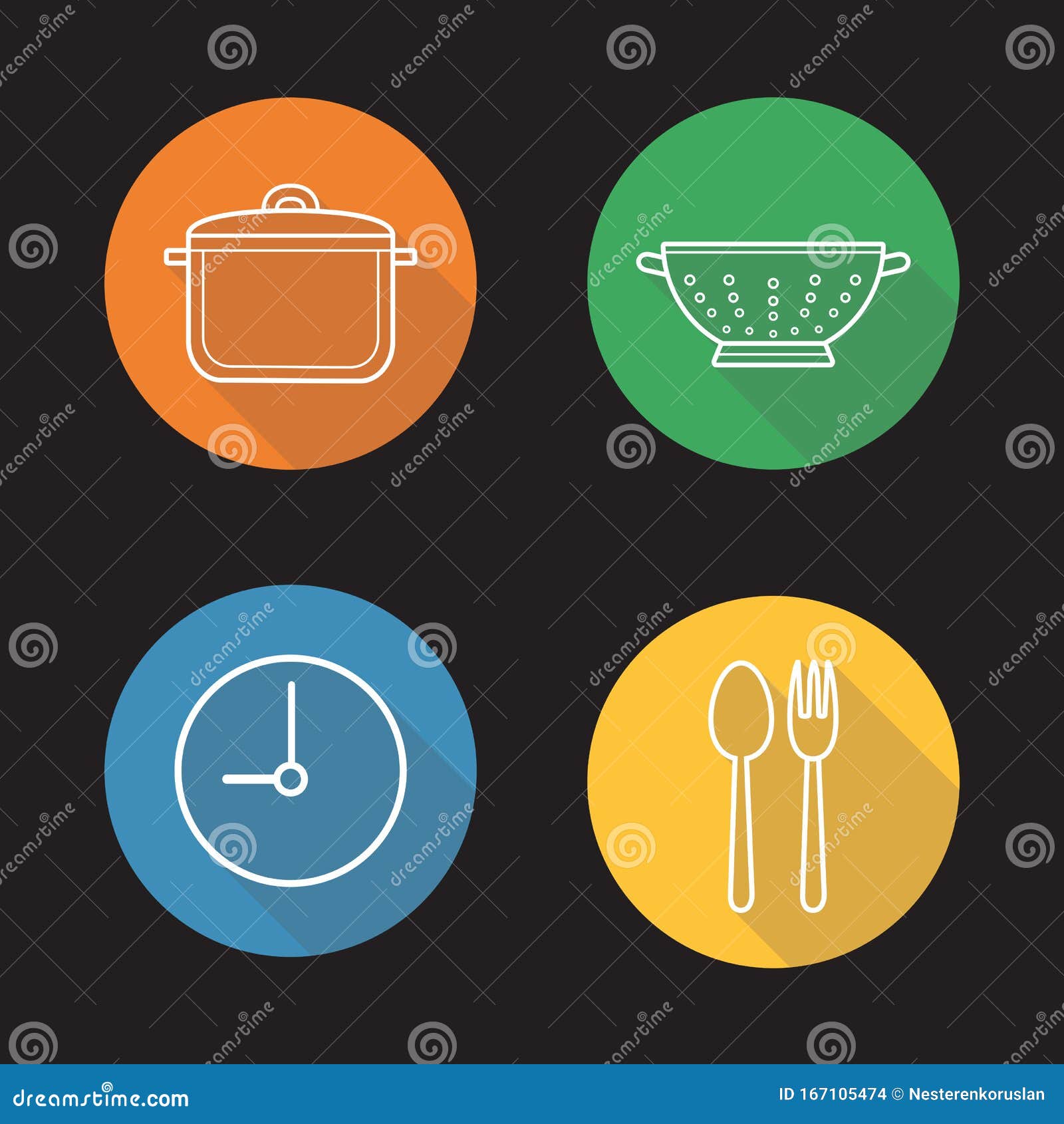 Mealtime Flat Linear Long Shadow Icons Set Stock Vector - Illustration ...