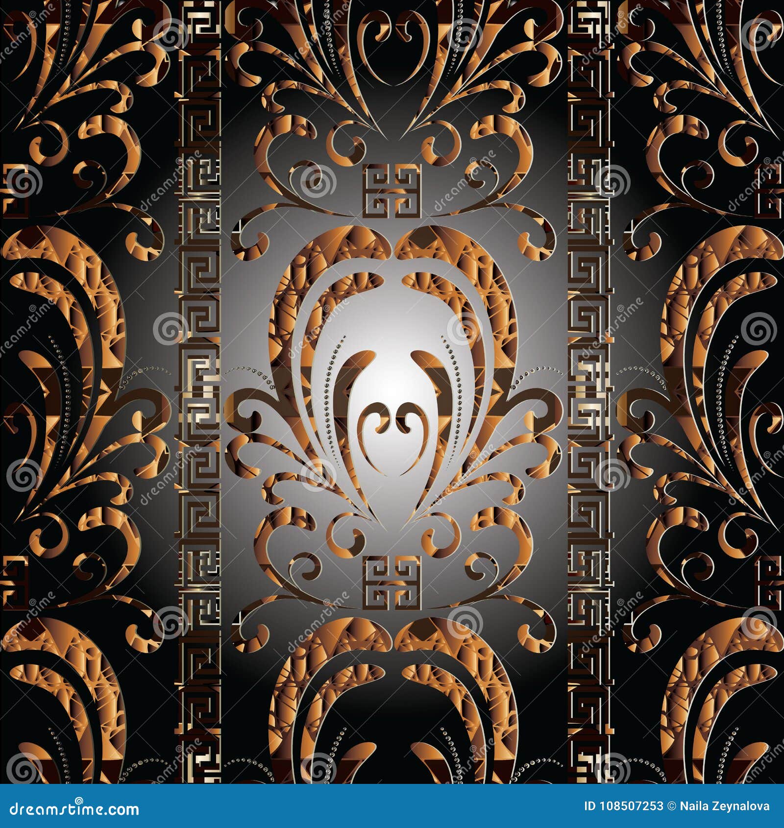 Meander Floral 3d Seamless Pattern. Vector Damask Background Wi Stock ...