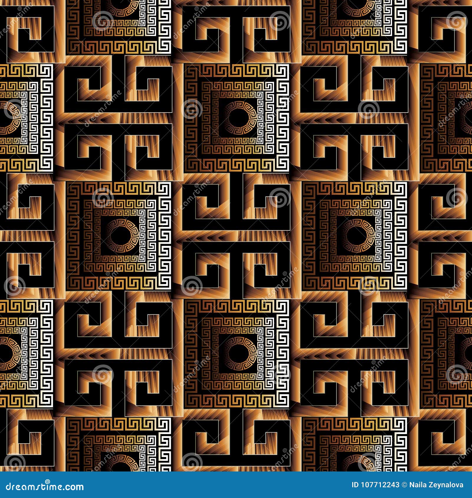 Meander Greek Key 3d Seamless Pattern. Black and Gold Patterned Stock ...