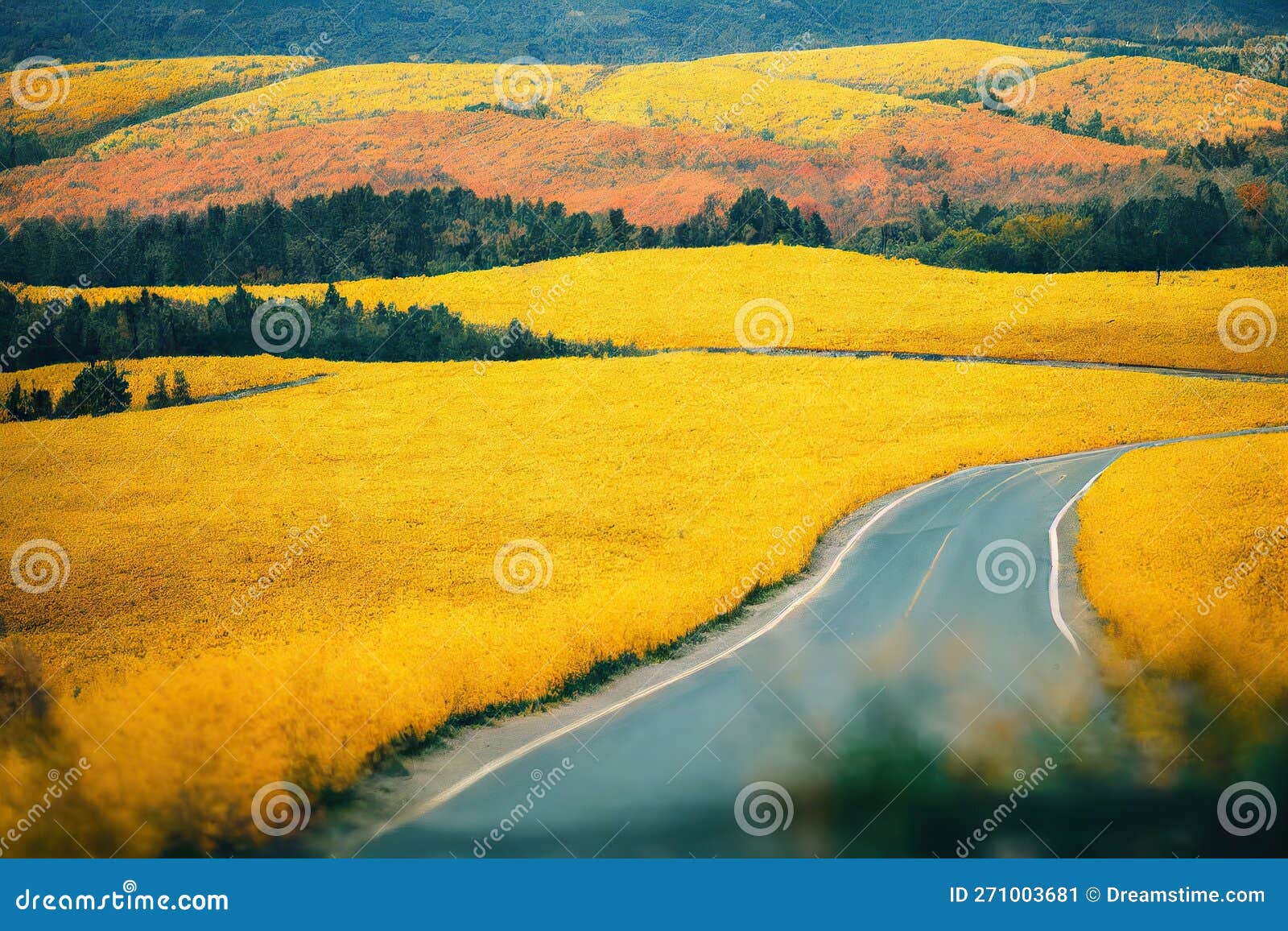 Meandering Empty Road Beyond Horizont through Yellow-green Fields Stock ...