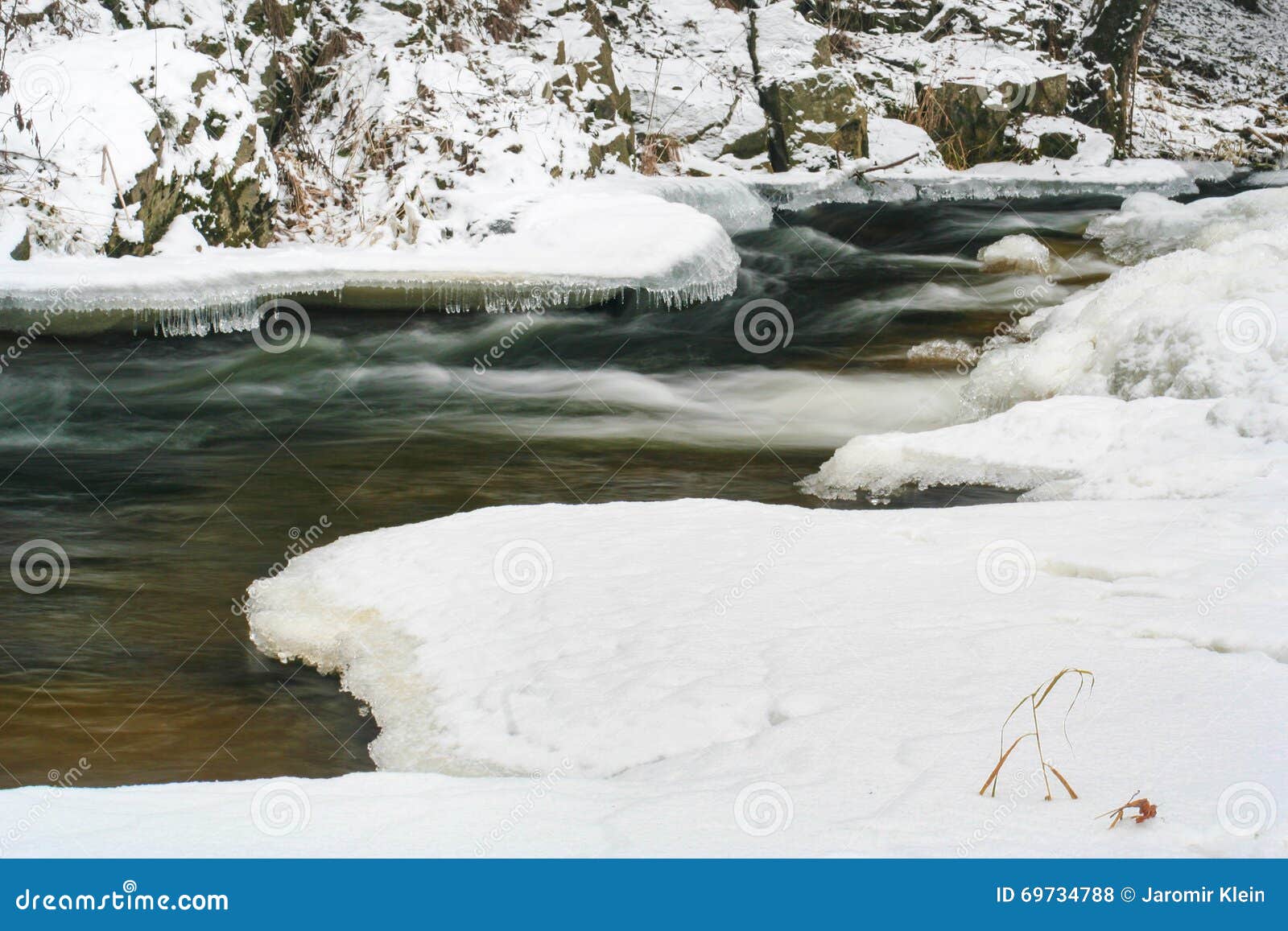 Meandering Frozen Creek in Winter with Ice Stock Photo - Image of white ...