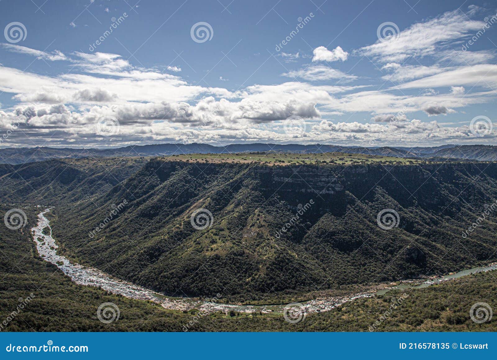 Meandering River Flowing through Steep Tree-Lined Valley Stock Image ...