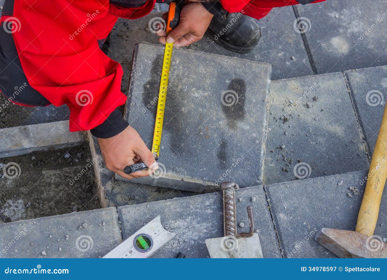 Measure and Marking Pavement Stone before Cutting Stock Image - Image ...
