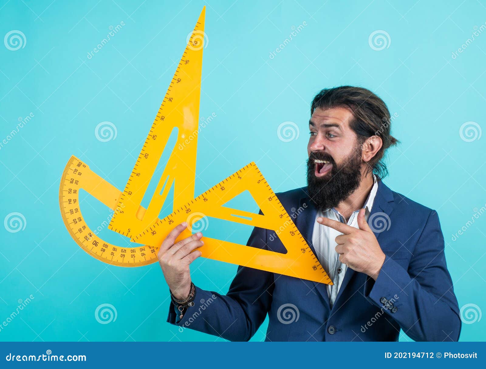 Measure And Size. Happy Mature Teacher Holding Triangle And Protractor ...