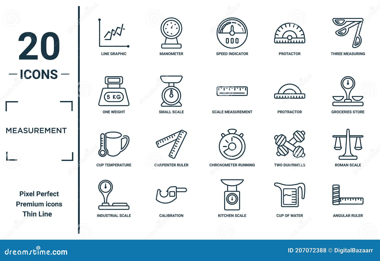 Measurement Linear Icon Set. Includes Thin Line Vintage Balance, Groceries Store Scale, Laser ...