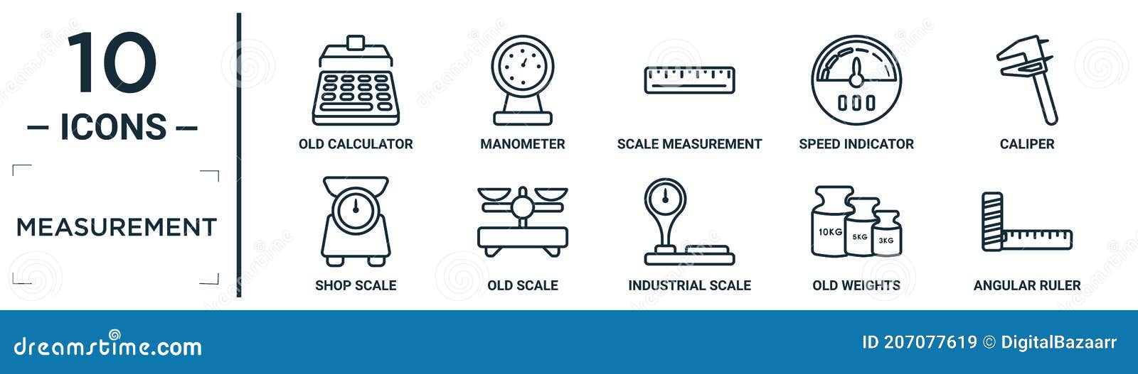 Measurement Linear Icon Set. Includes Thin Line Old Calculator, Scale ...