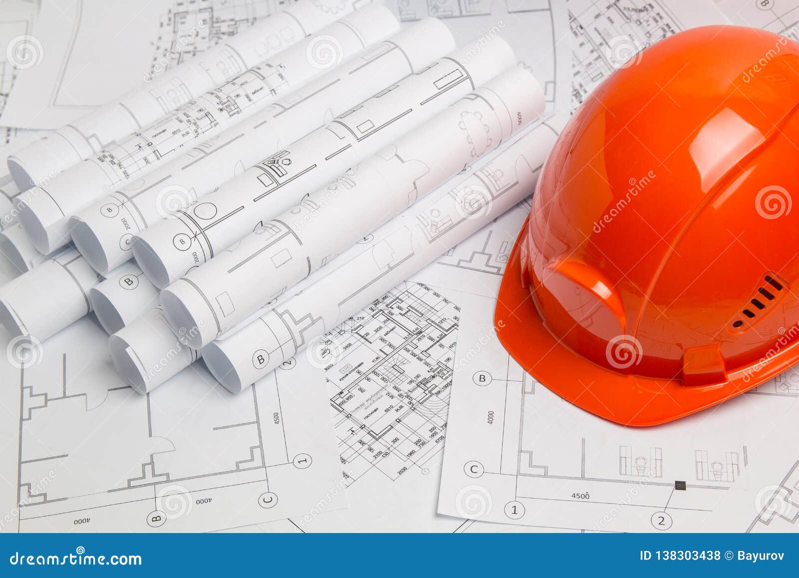 Paper Architectural Drawings, Blueprint, Pencil, Ruler And Helmet ...