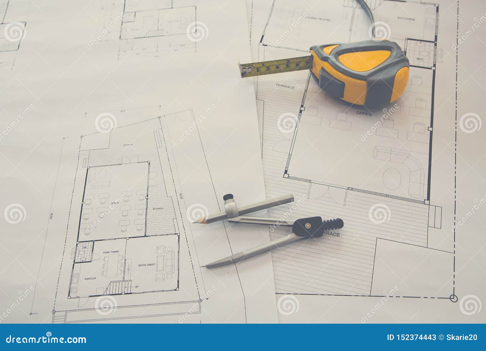 Measurement Tool and Dividers or Compasses on Blueprint, Architectural ...