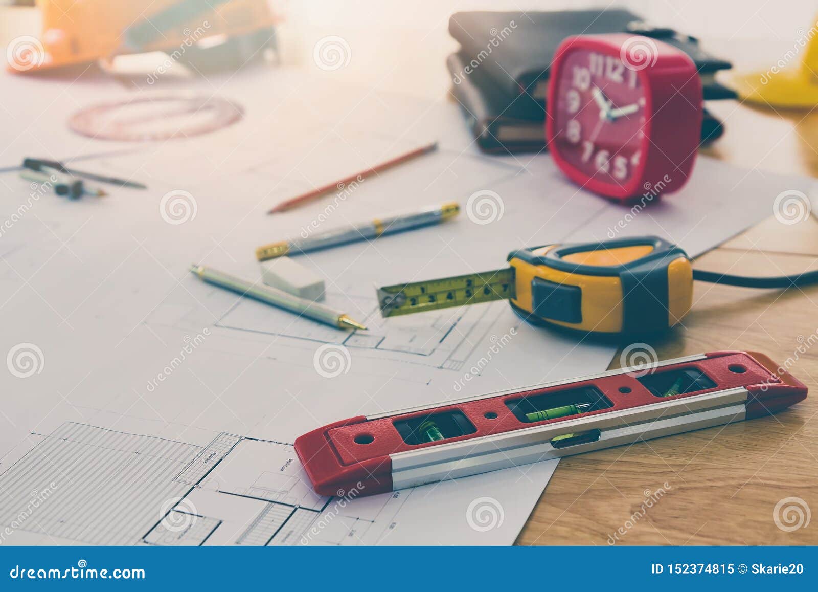 Measurement Tool with Helmet on Blueprint, Architectural Concept Stock ...