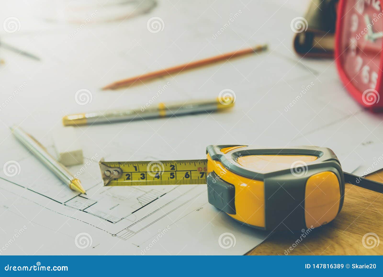 Measurement Tool with Pen and Pencil on Blueprint, Architectural ...