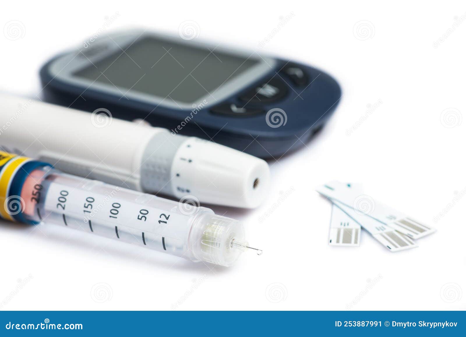 Measuring Blood Sugar. Glucometer with Insulin Pen on a White ...