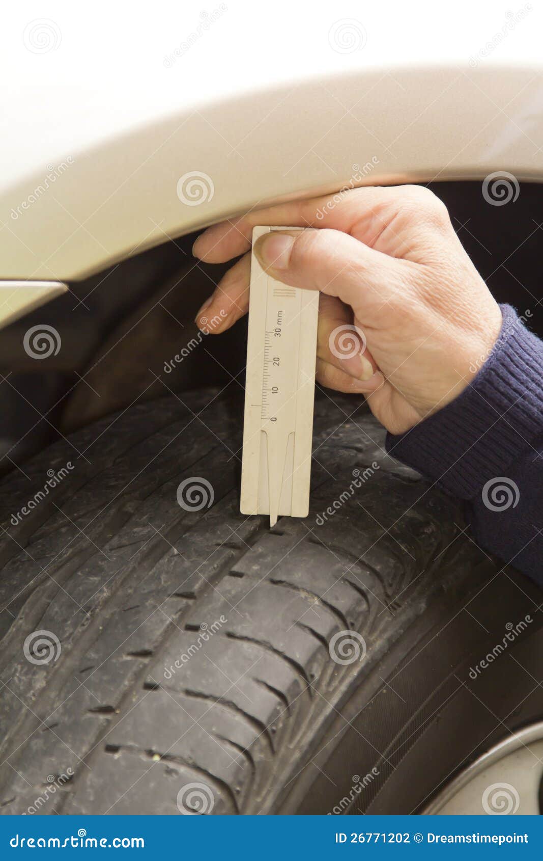 Measuring Profile In Hand. Tread Depth Meter At Tire In Orange Car. Man ...