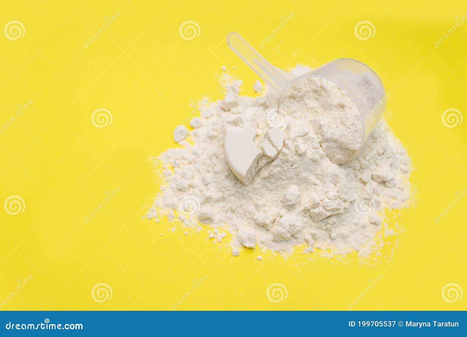 Measuring Cup from a White Powder Whey Protein on a Yellow Background ...
