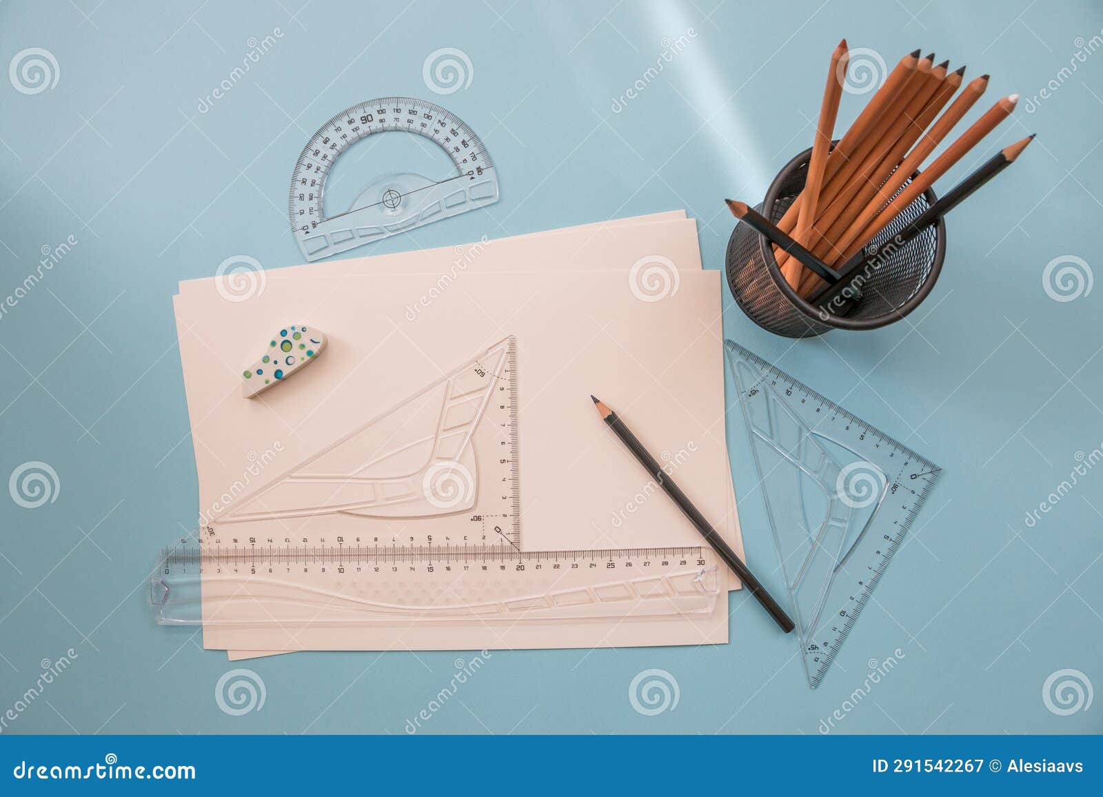 Measuring and Drawing Tools. a Sheet of White Paper, Pencils, Rulers on ...